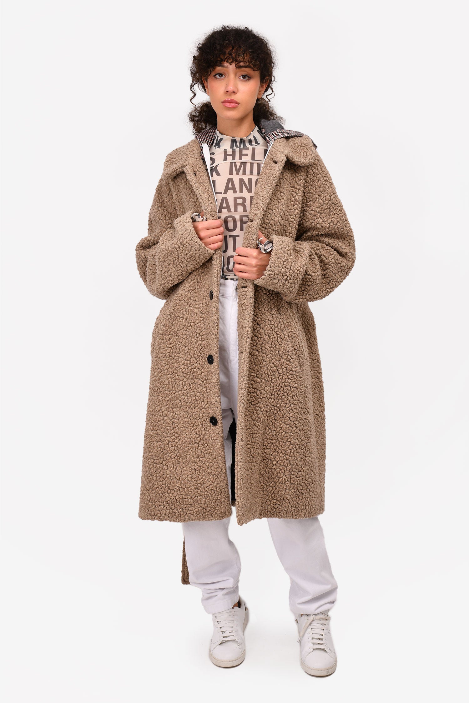 MSGM Grey Faux Shearling Plaid Hood Belted Coat Est. Size S – Mine & Yours