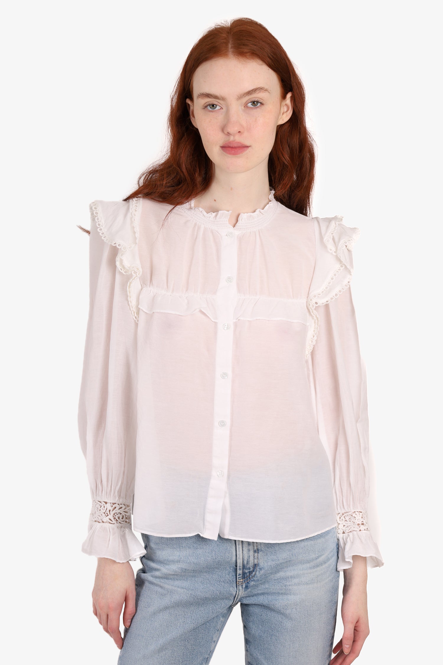 Isabel Marant Etoile White Long Sleeve Shoulder Cotton Lace Details Bl ...