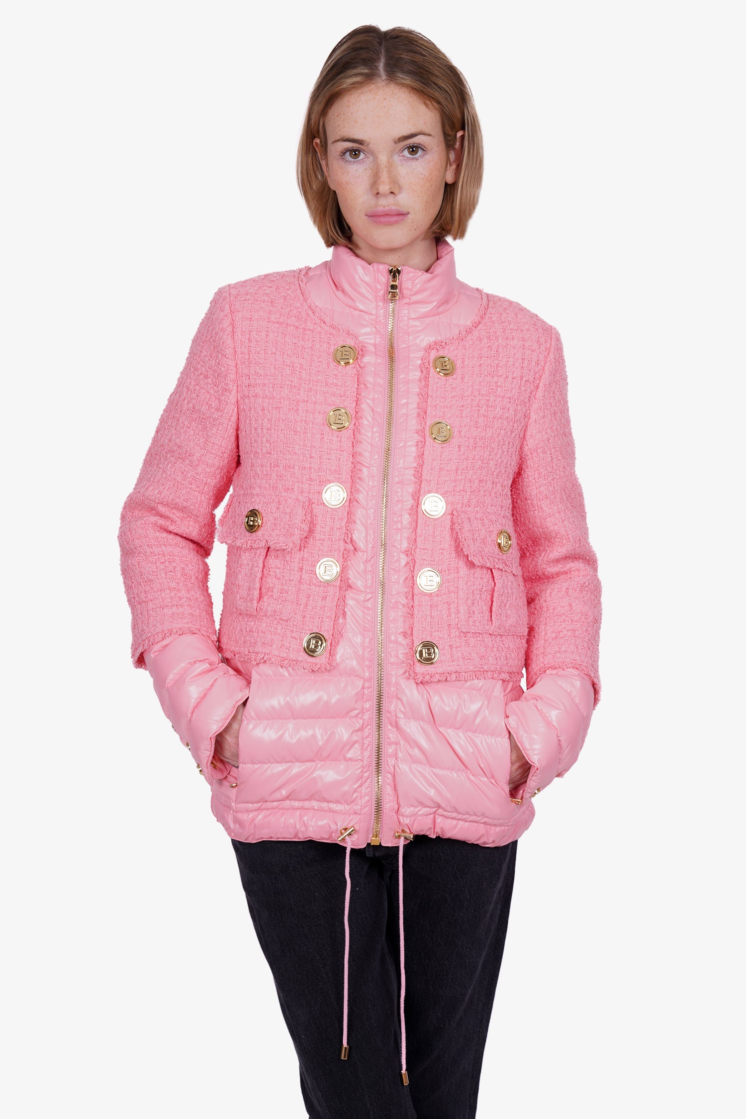 Balmain Neon Pink Tweed/Down Puffer Jacket with Gold Buttons Size 38 ...