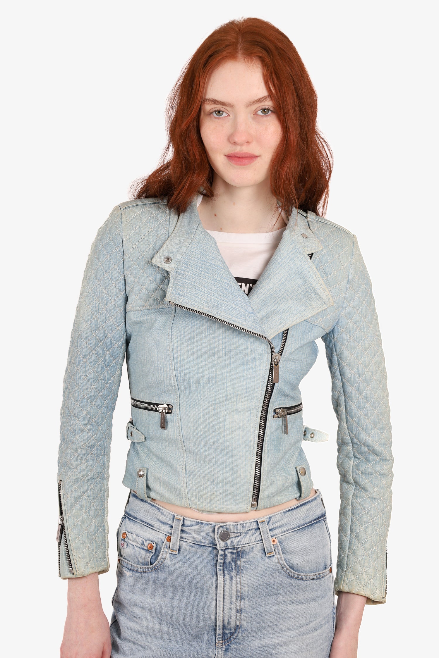 Barbara Bui Blue Jean Embroidered Quilted Pleated Leather Biker Jacket ...