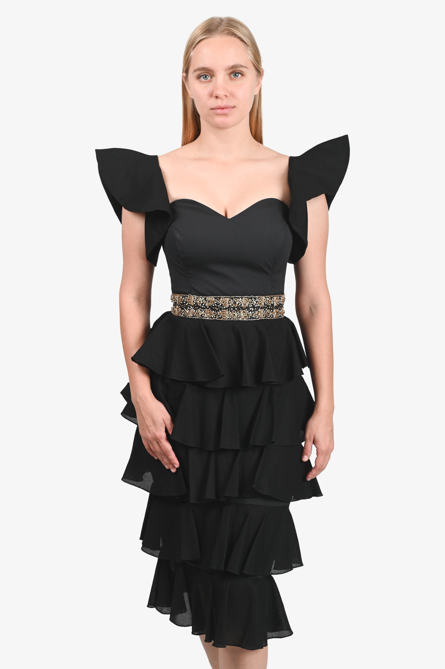 Caroline Constas Black/Gold Embroidered Tiered Ruffle Midi Dress Size ...