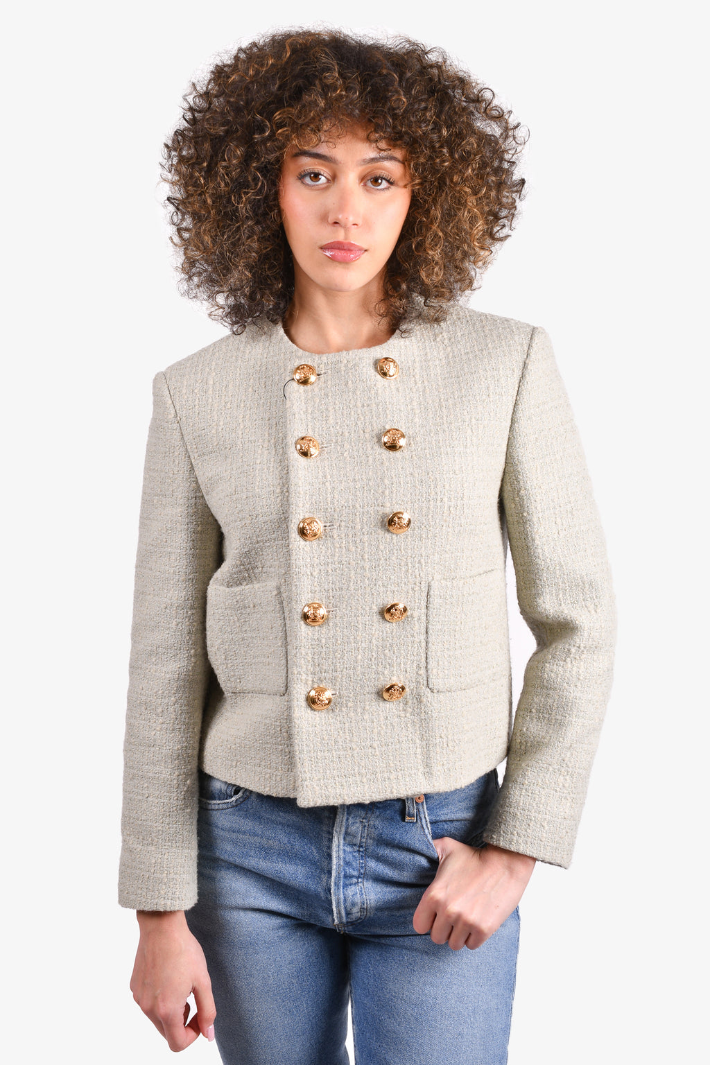 Celine 2021 Light Green Tweed Wool Button Detail Cropped Jacket Size 3 ...