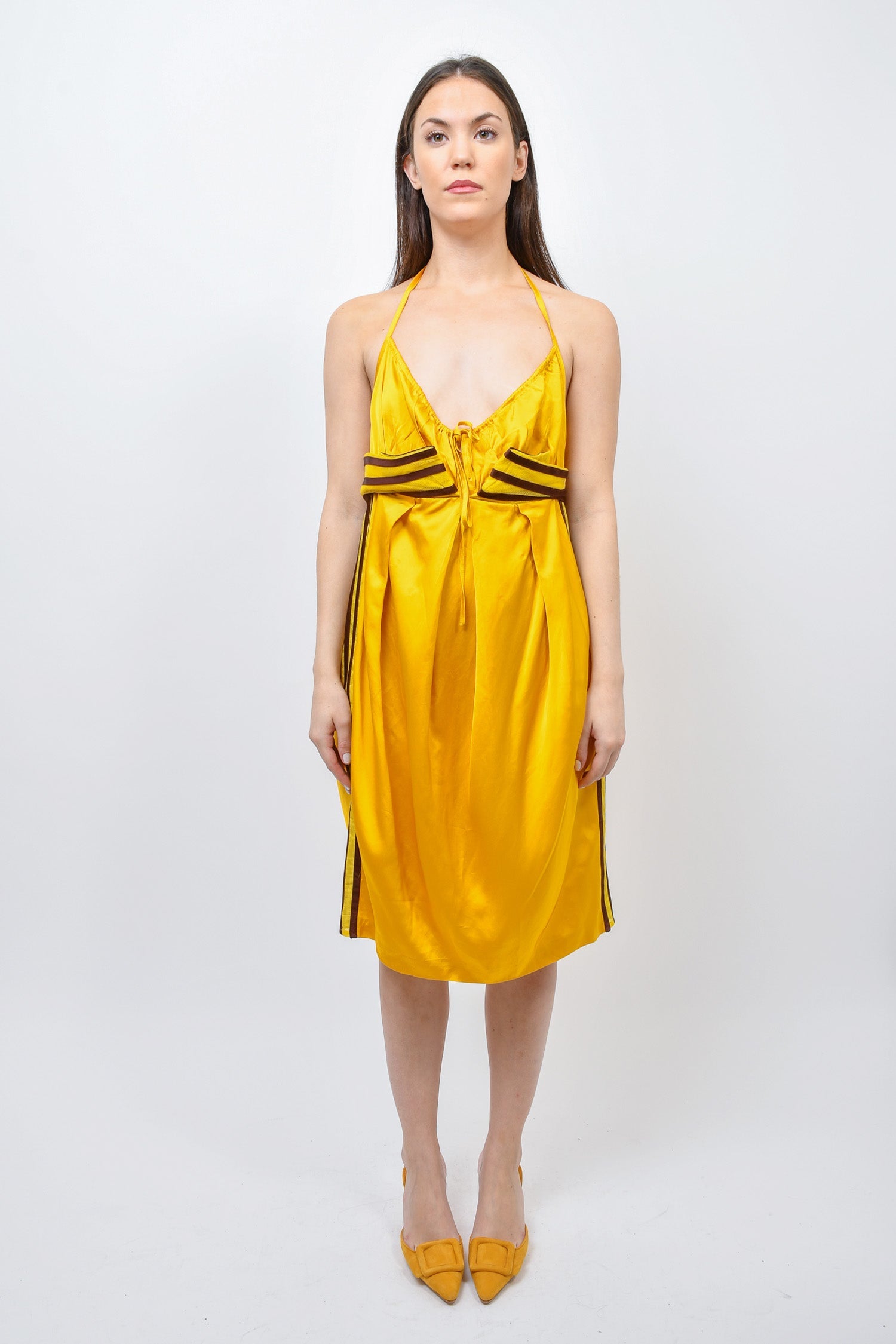 Jean Paul Gaultier Yellow Silk Strappy Mini Dress with Brown Stripes S ...
