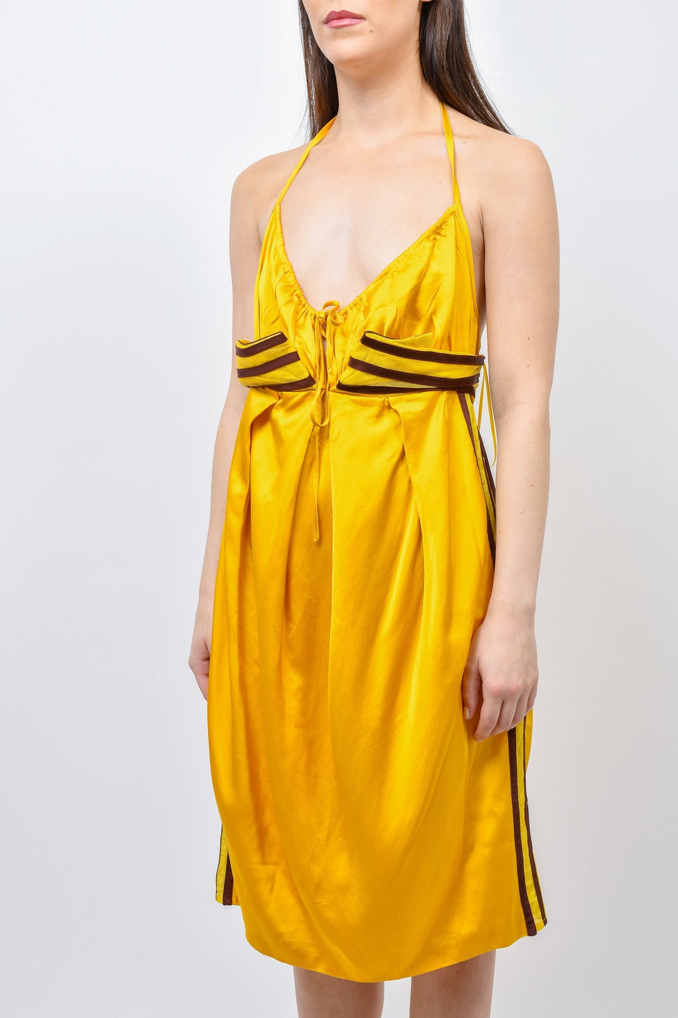 Jean Paul Gaultier Yellow Silk Strappy Mini Dress w/ Brown Stripes sz ...