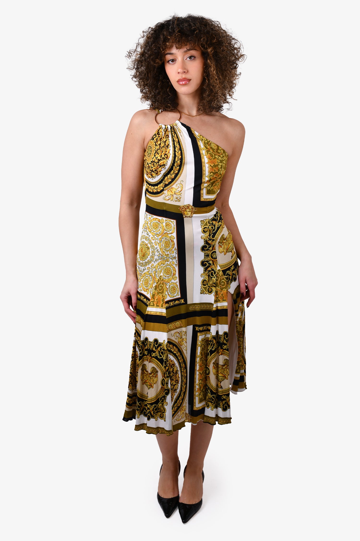 Versace White/Gold Mosaic Print Cold Shoulder Dress Size 42 – Mine & Yours