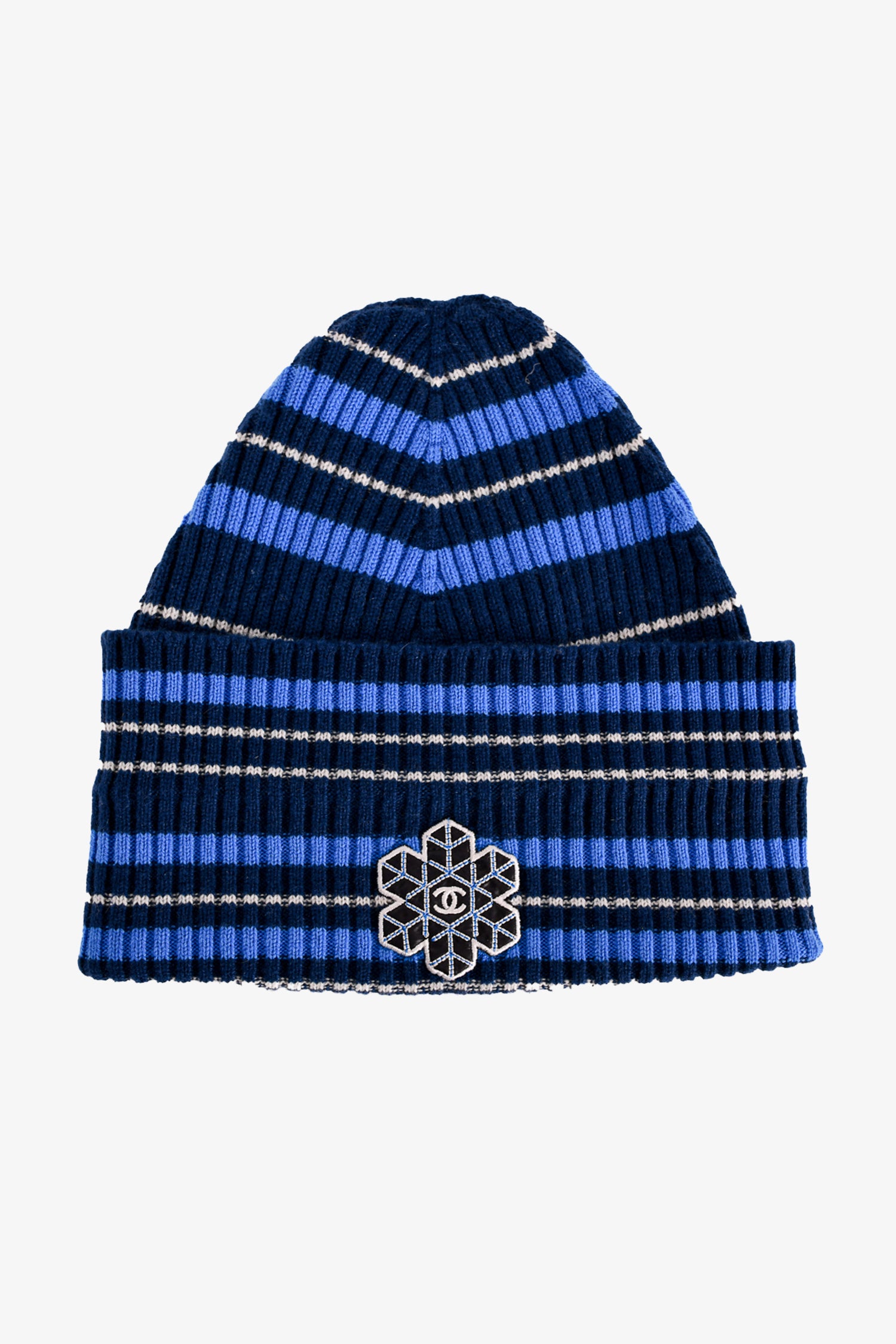 Pre-loved Chanel™ Blue Striped Cashmere Snowflake CC Logo Toque Size L ...