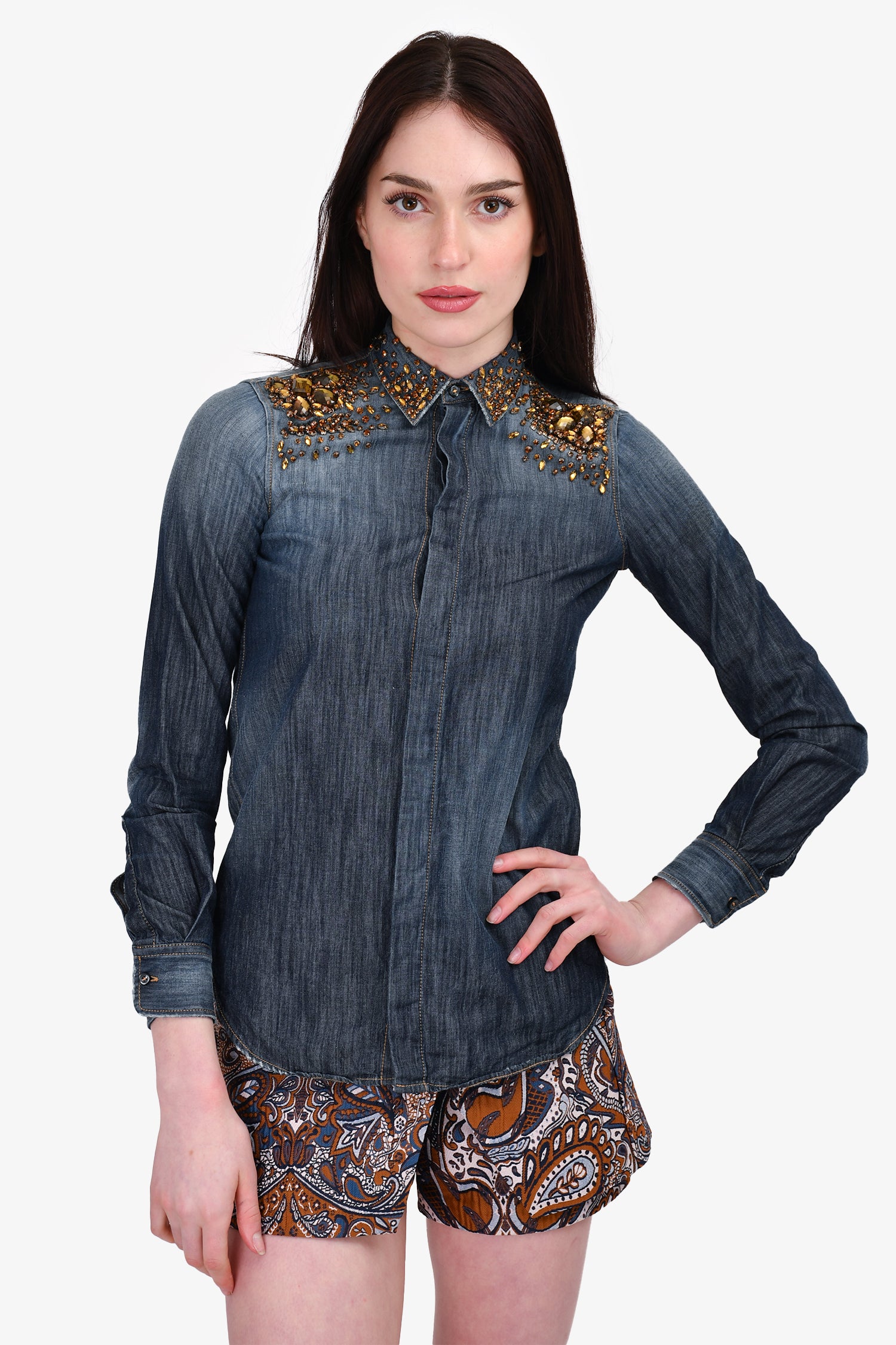 D Squared Blue Denim Embellished Button Down Top Size 38 – Mine & Yours