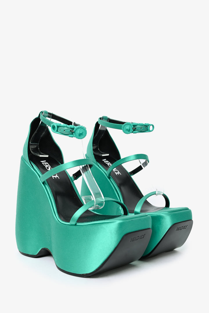 Versace Teal Satin Mega Platform Sandals Size 38.5 – Mine & Yours
