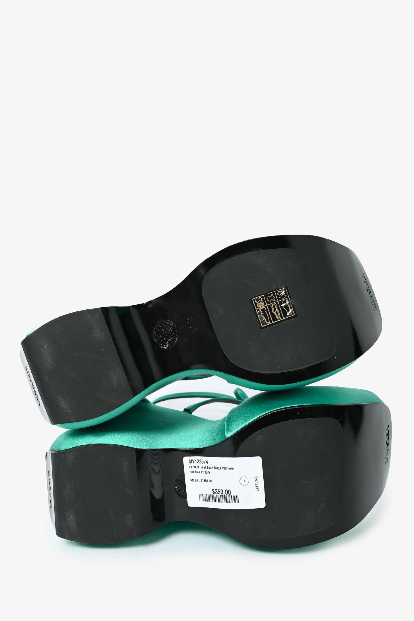 Versace Teal Satin Mega Platform Sandals Size 38.5 – Mine & Yours