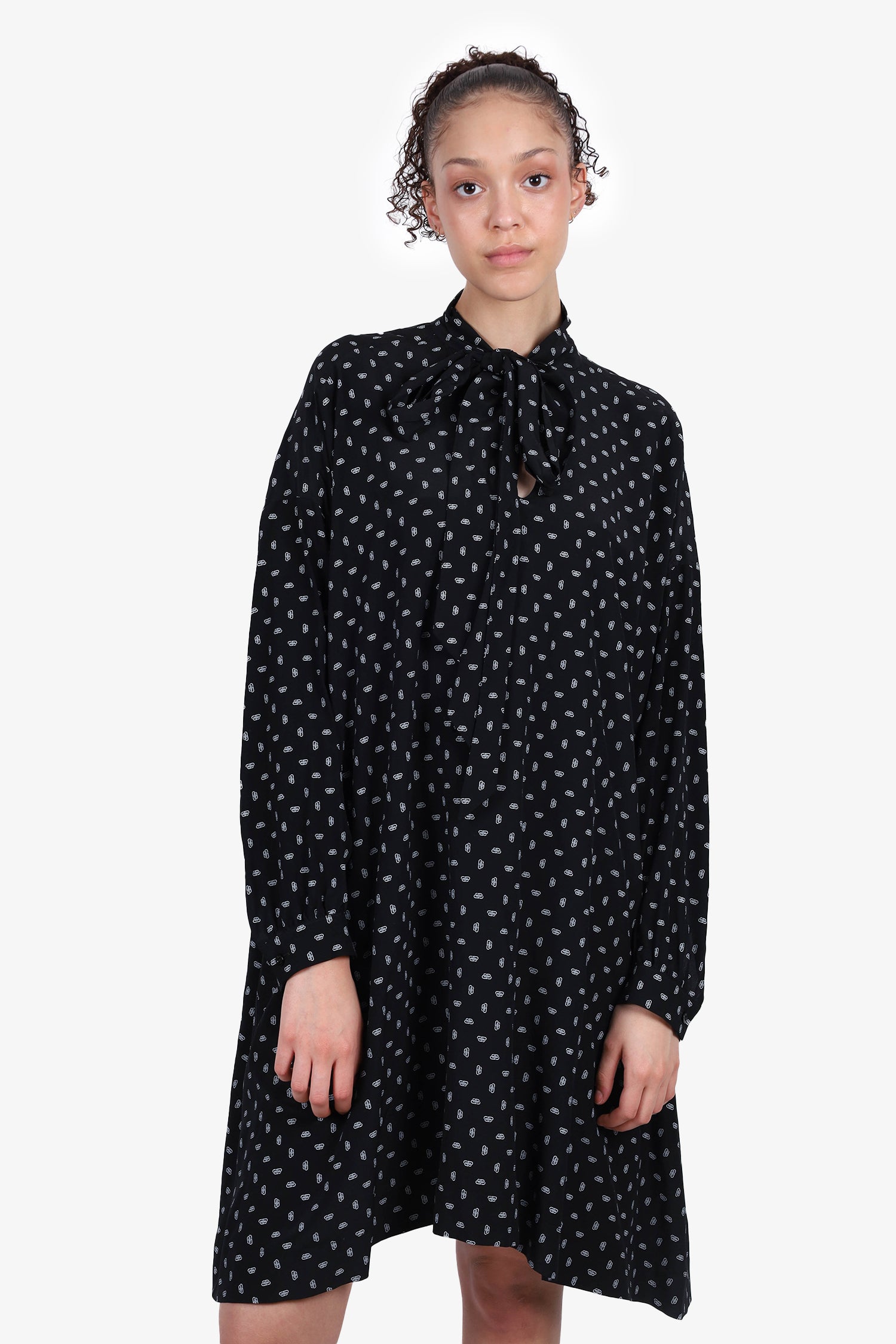 Balenciaga Black/White Logo Pattern Tie Front Silk Mini Dress Size 38 ...