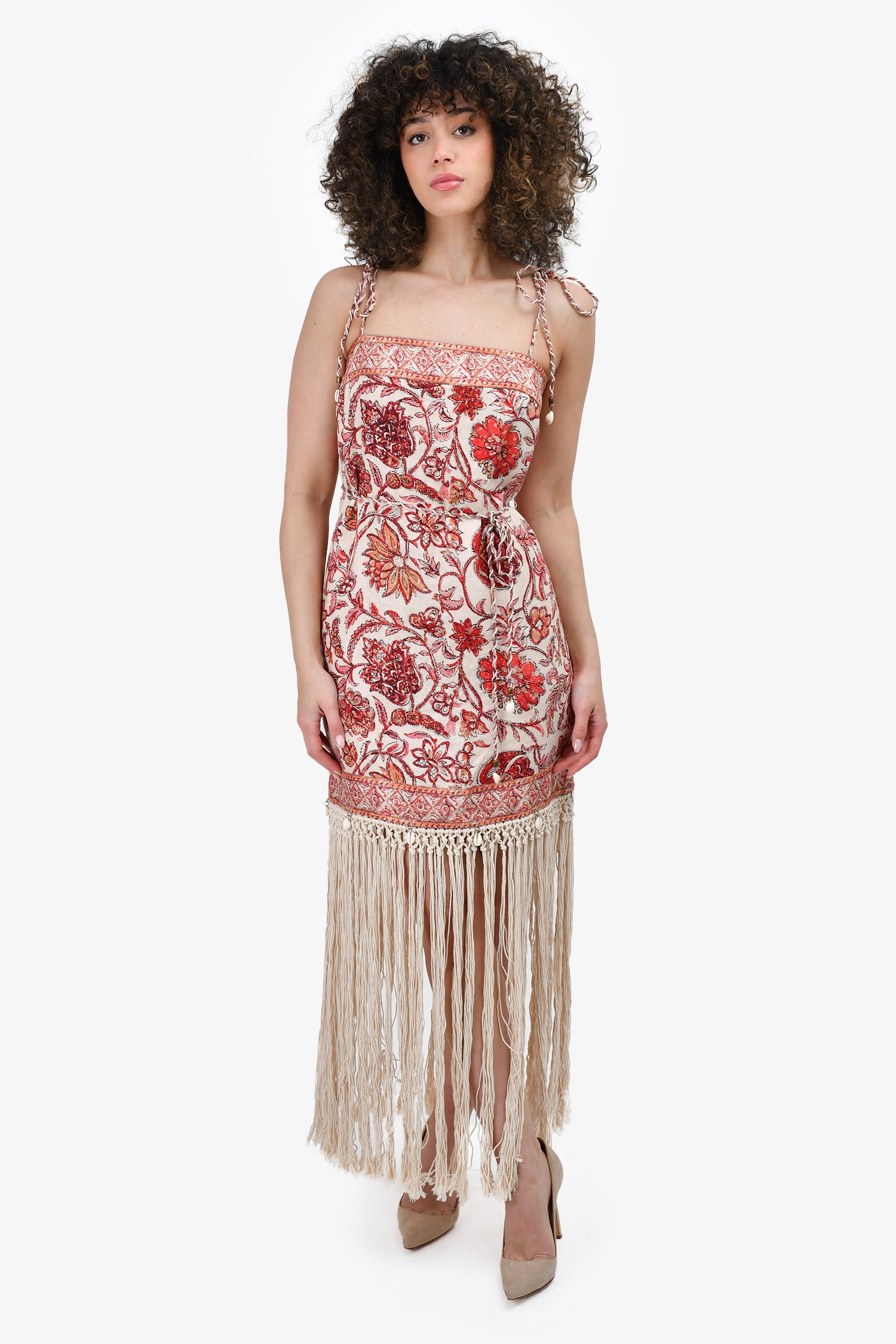 Zimmermann Red/Beige Floral Printed Fringe Hemmed Dress Size 1 – Mine ...