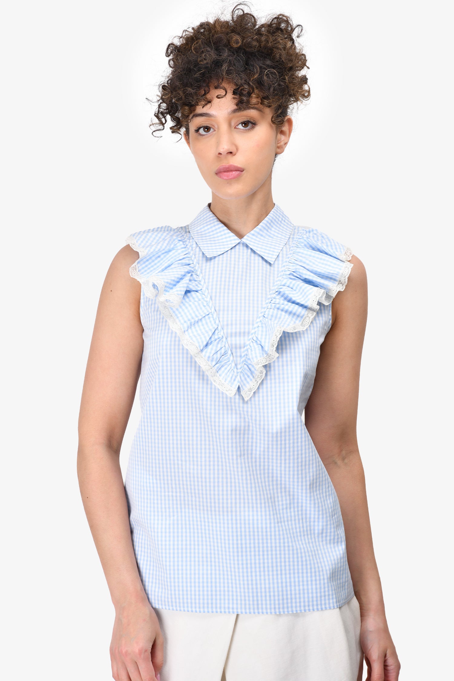 Miu Miu Blue & White Gingham Ruffle Detail Collared Top Size 38 – Mine ...