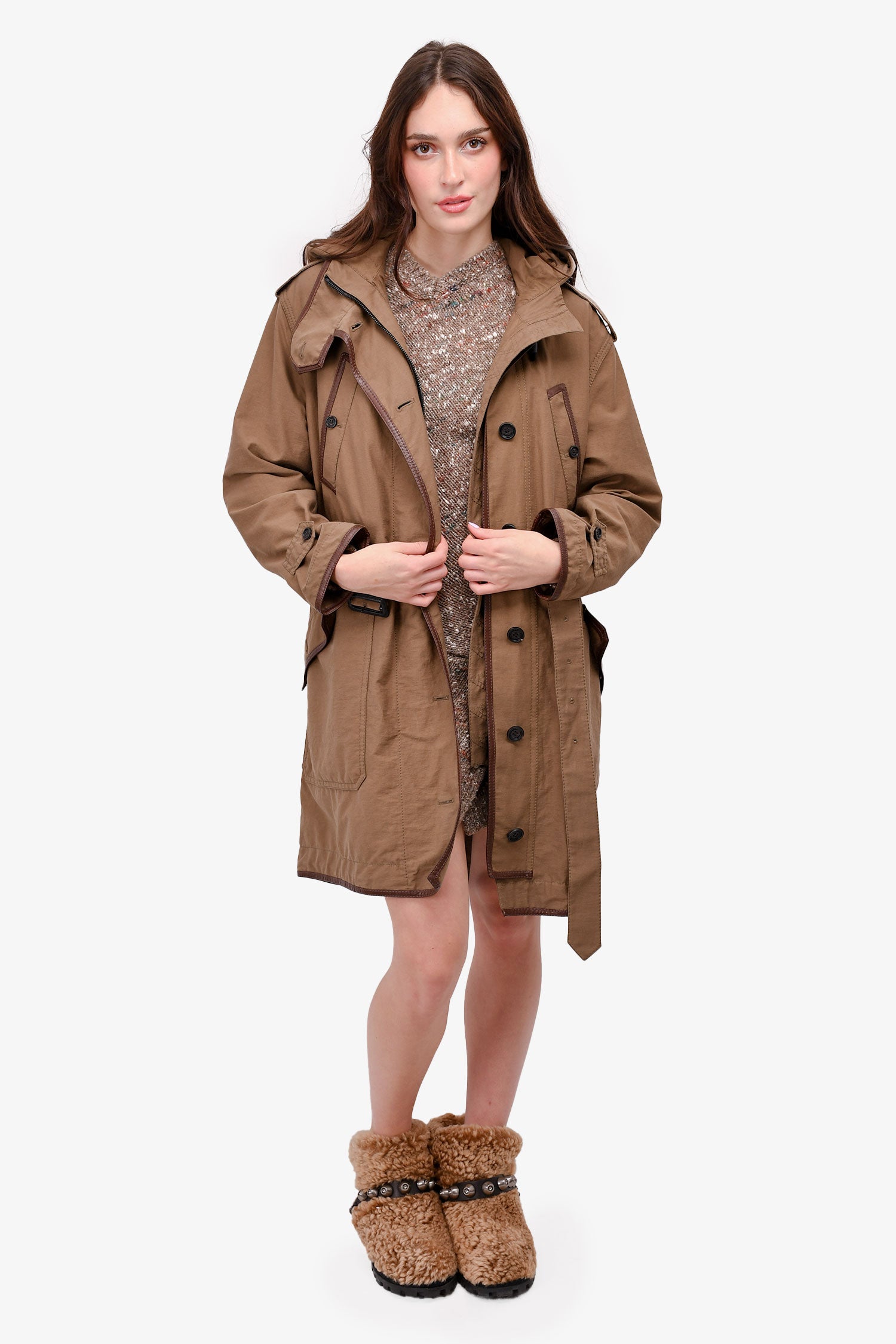 Burberry Prorsum Khaki Green Brown Leather Trimmed Belted Trench Coat ...