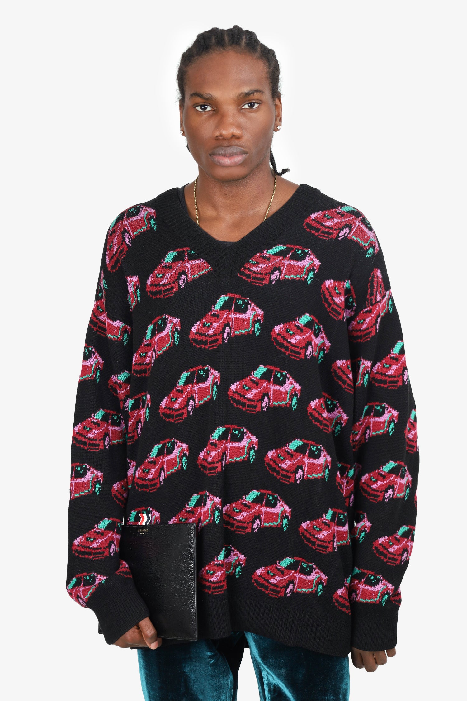 Versace Black Car Intarsia V-Neck Sweater Size 54 Mens – Mine & Yours