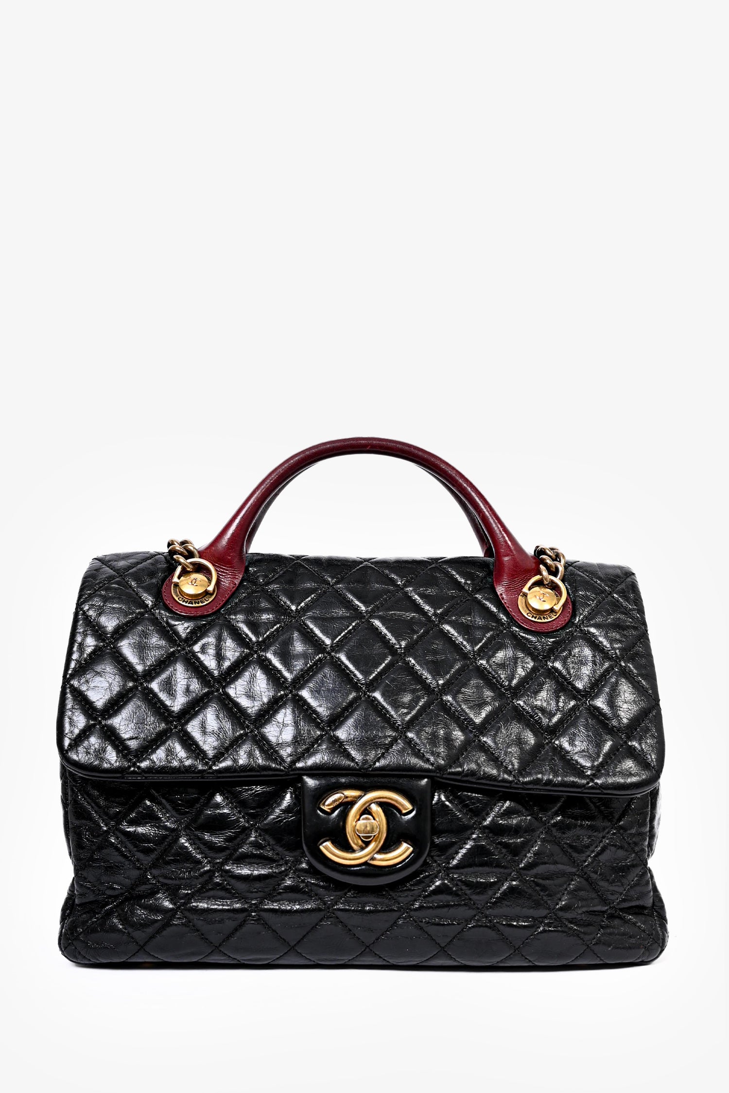 Pre-Loved Chanel™ 2014 Black Quilted Crinkled Leather Red 'Castle Rock ...