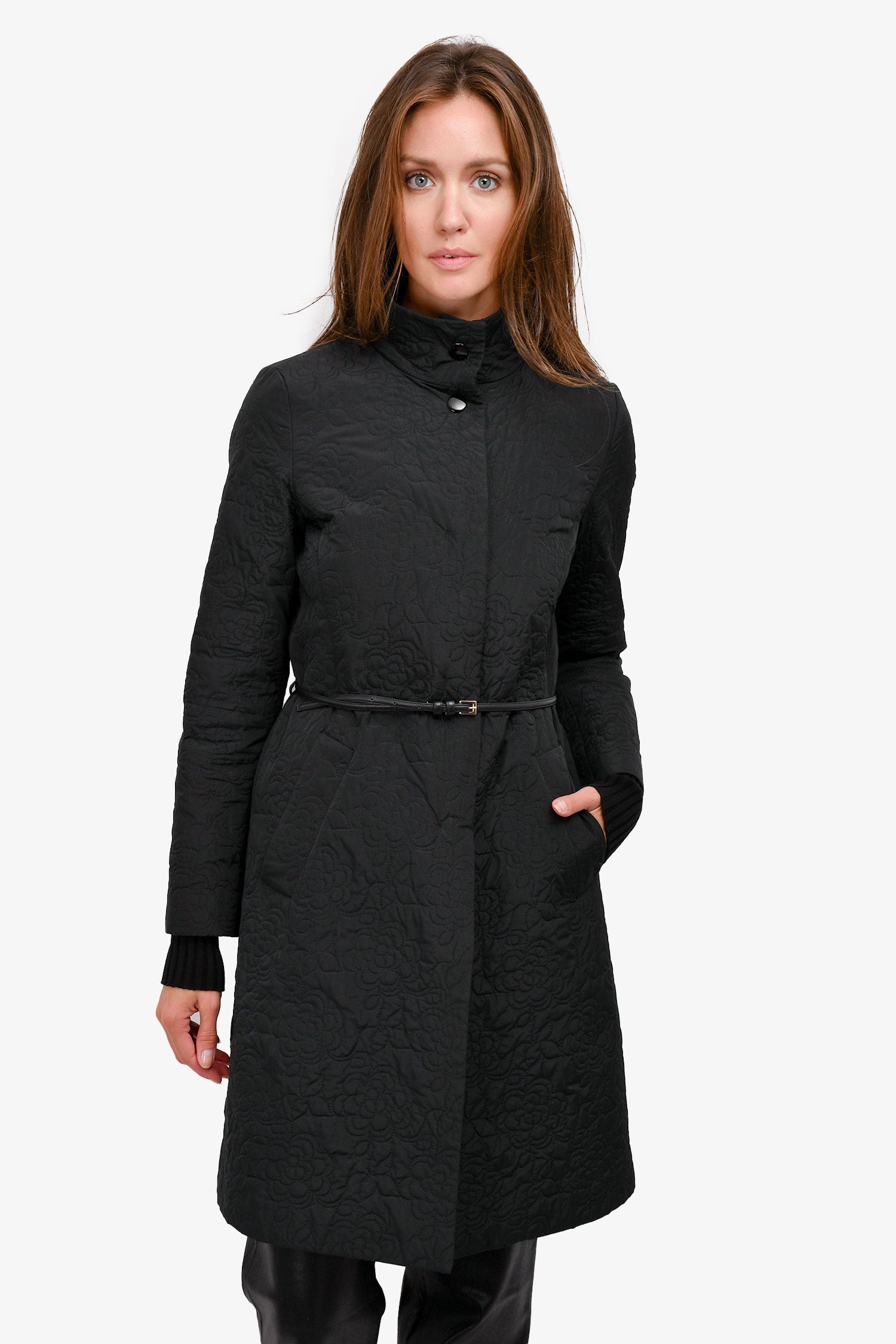 Max Mara Studio Black Floral Quilted Coat with Thin Leather Belt Size ...