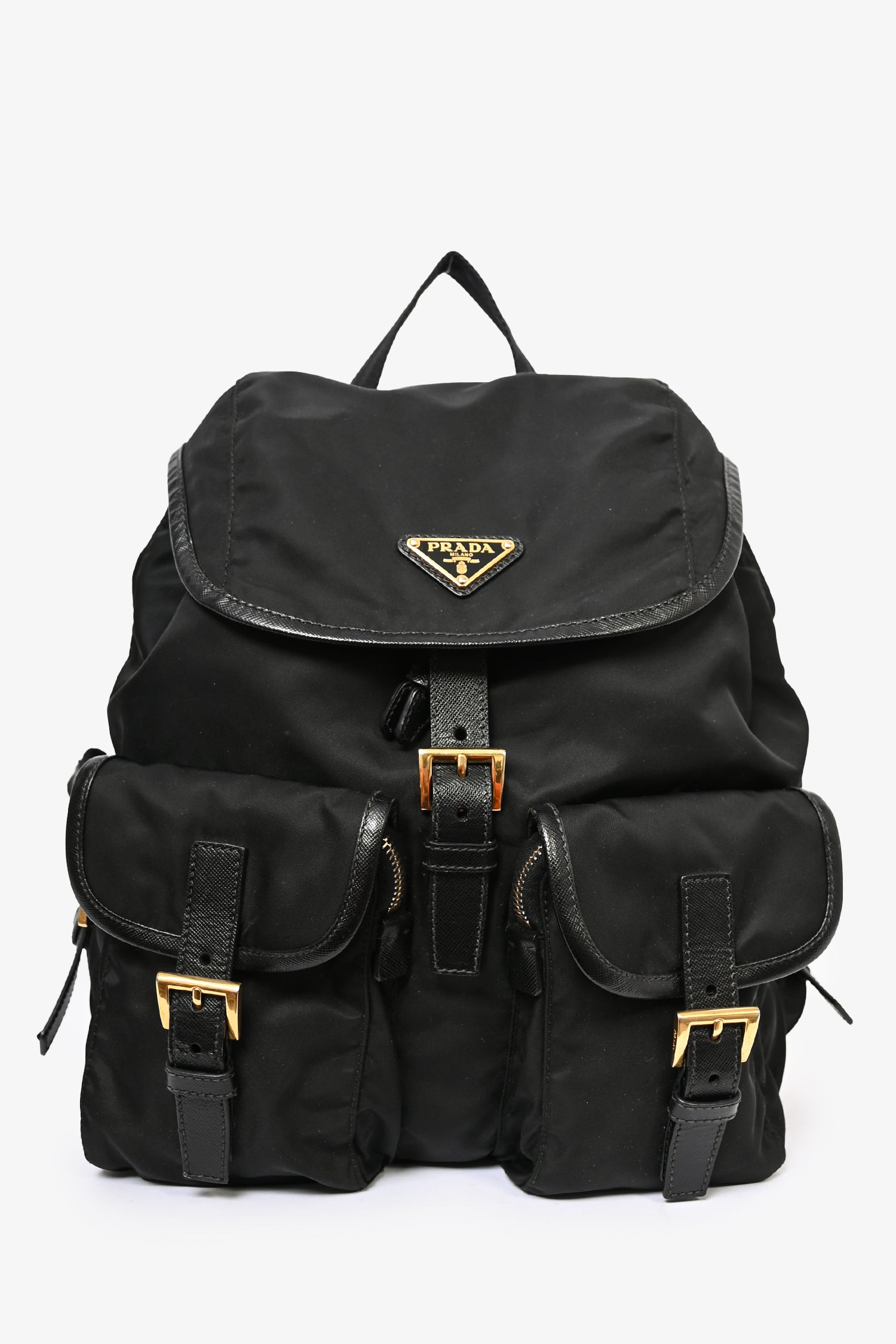 Prada Black Nylon/Saffiano Leather Double Pocket Backpack GHW – Mine ...