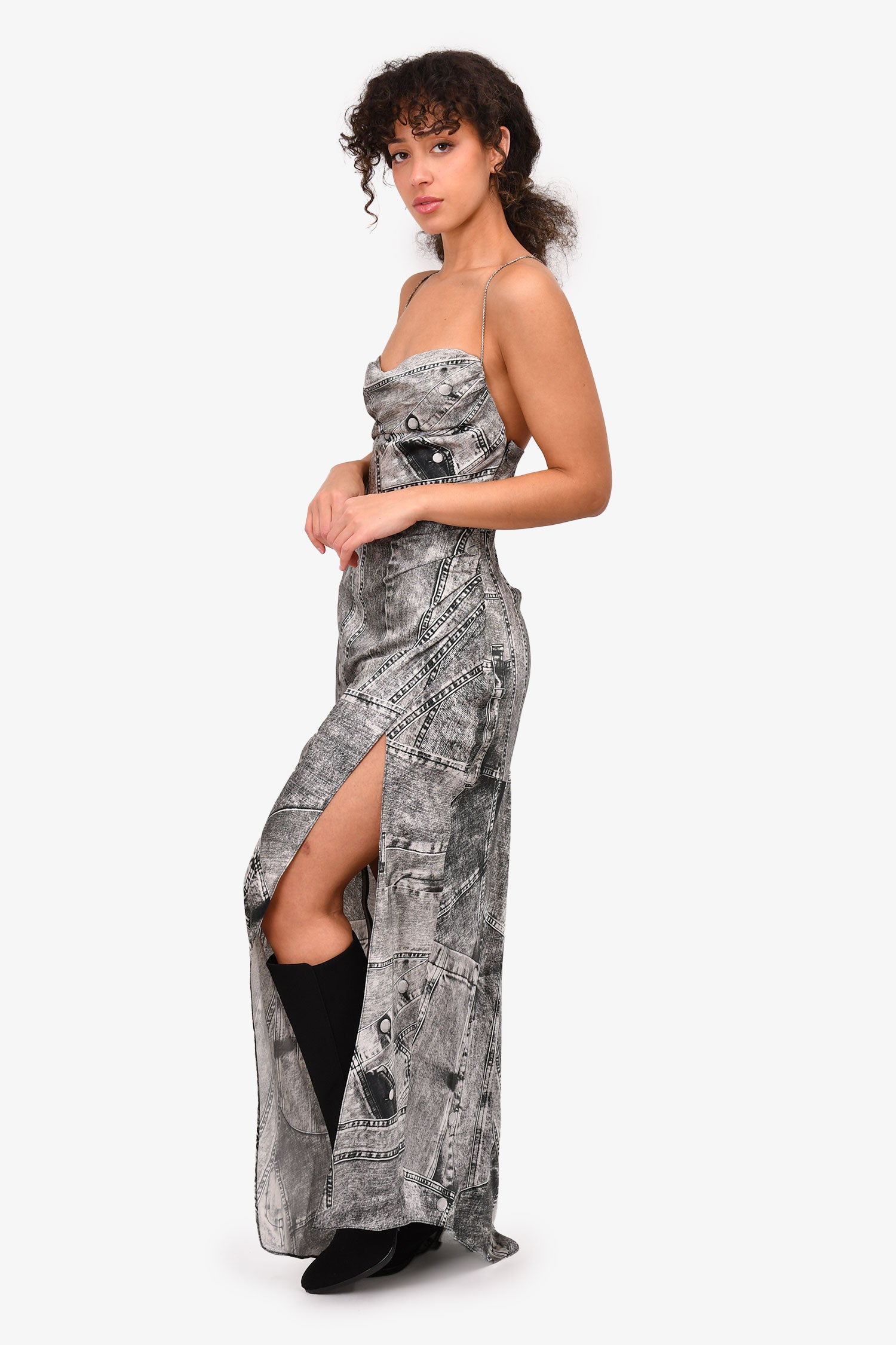 Retrofête Grey Denim Printed Satin Maxi Slip Dress Size S – Mine & Yours