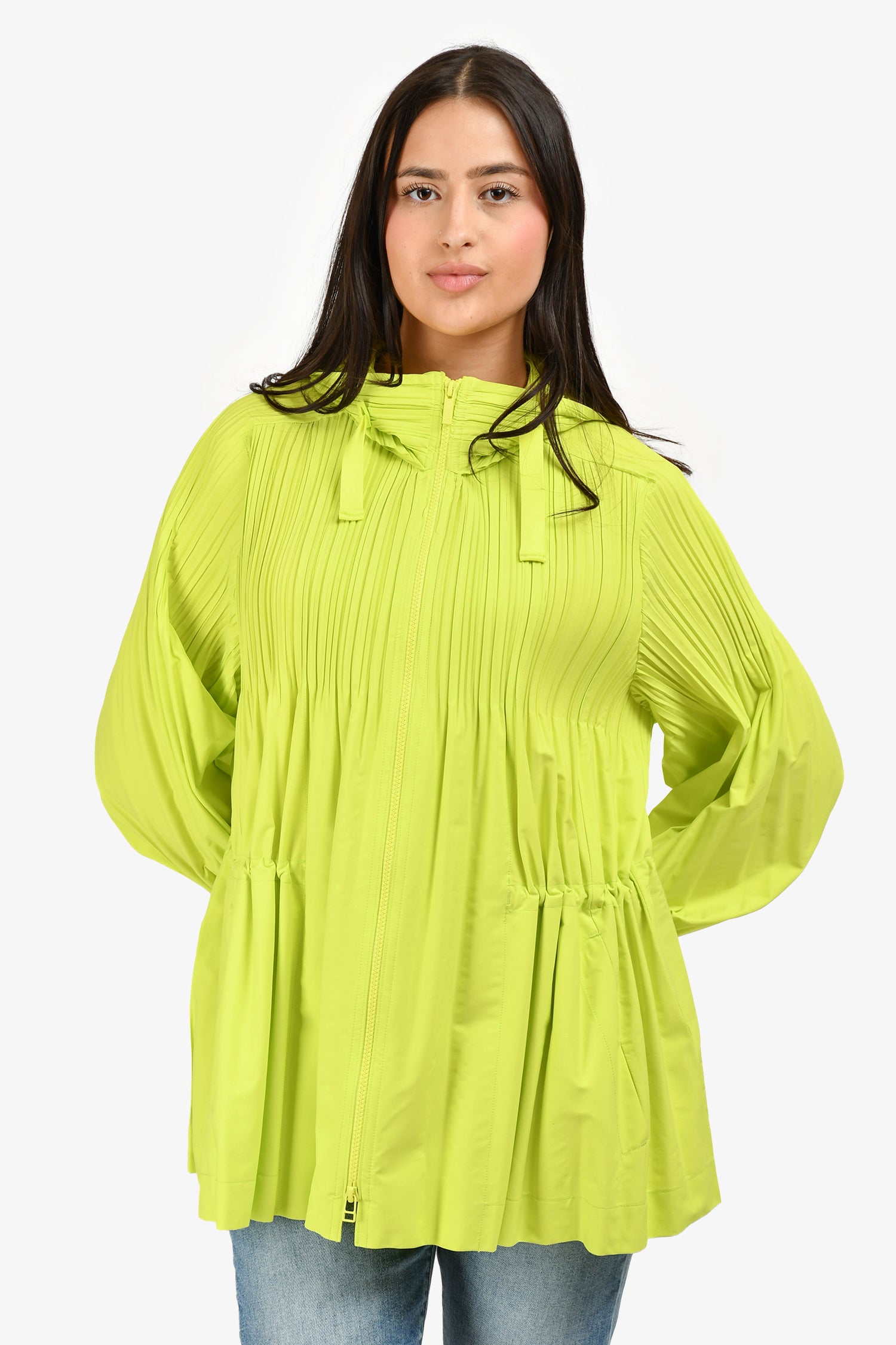 Pleats Please Issey Miyake Neon Yellow Pleated Cinched Waisted Rain Co ...