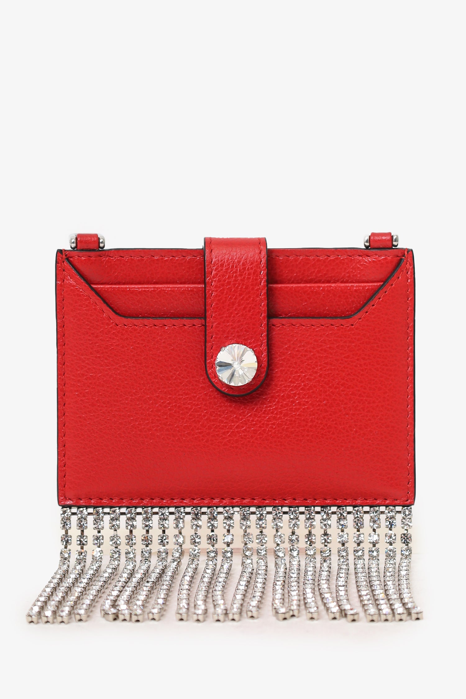 Miu Miu Red Leather Crystal Embellished Fringe Card Holder With Chain ...