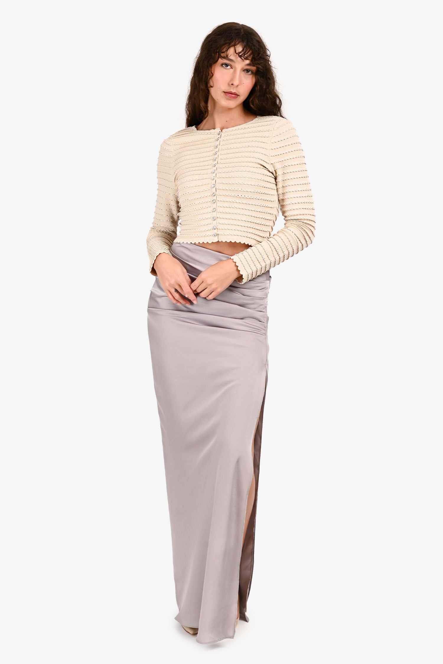 House of CB Grey/Purple Metallic Strapless Ruched High Slit Skirt Size ...
