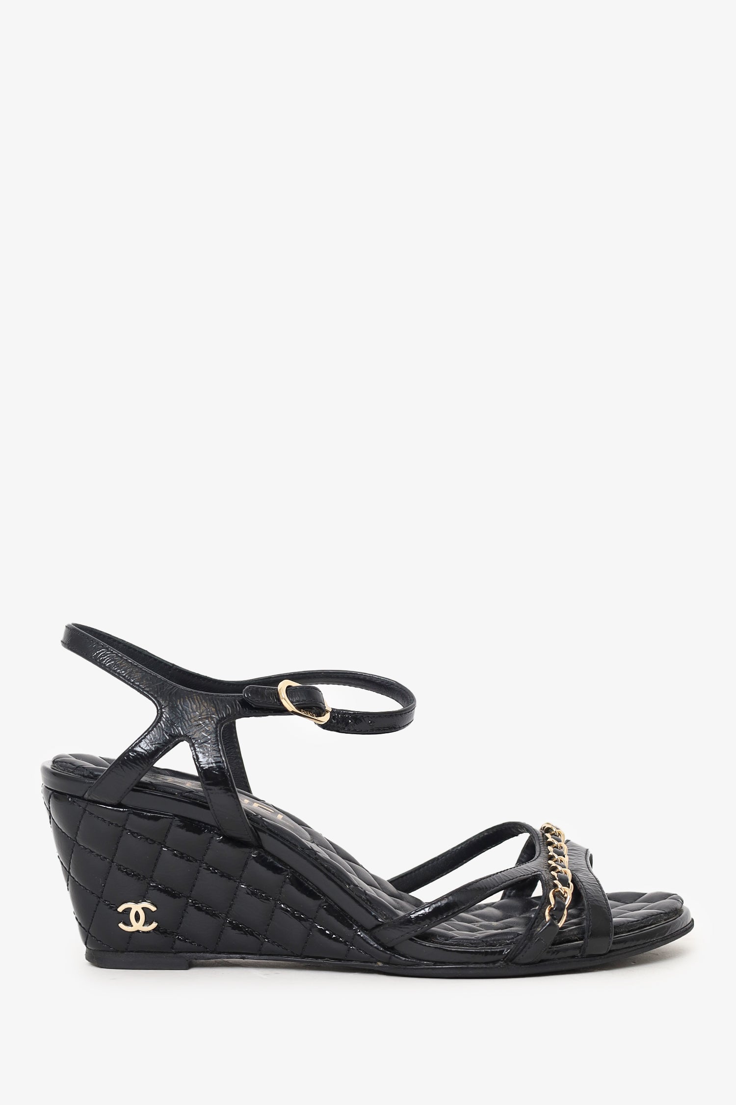 Pre-Loved Chanel™ Black Leather Quilted Chain Detailed Wedges Size 37 ...