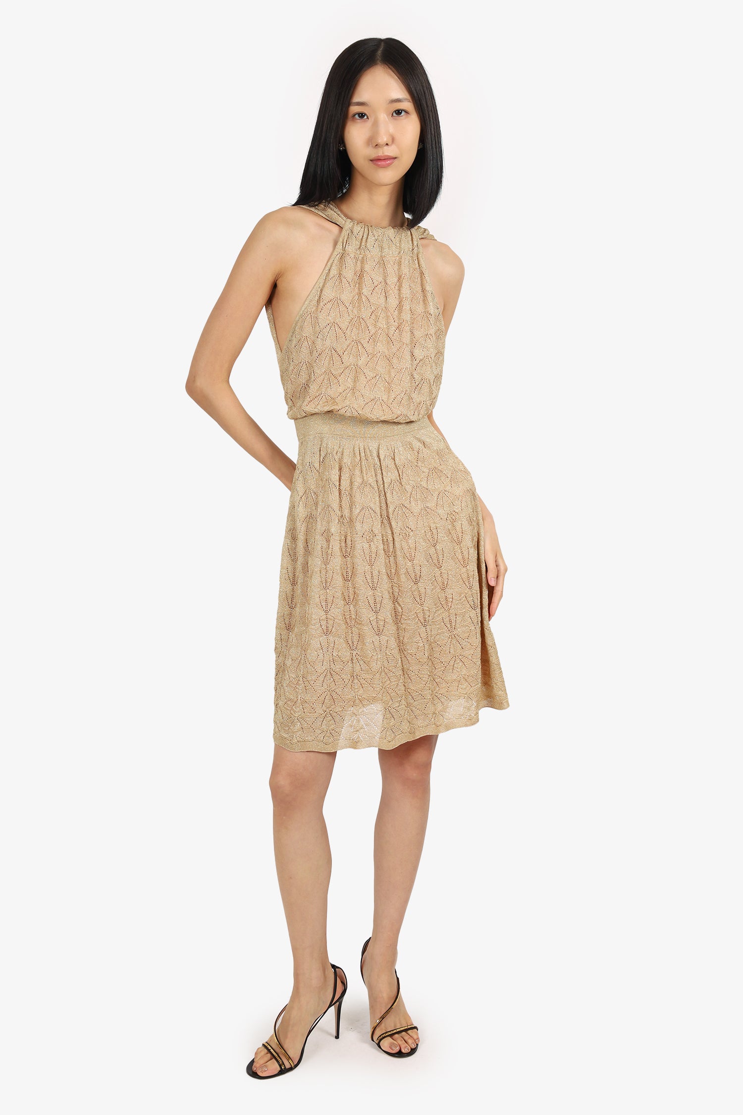 M Missoni Gold Metalic Halter Neck Open Back Double Lining Midi Dress ...