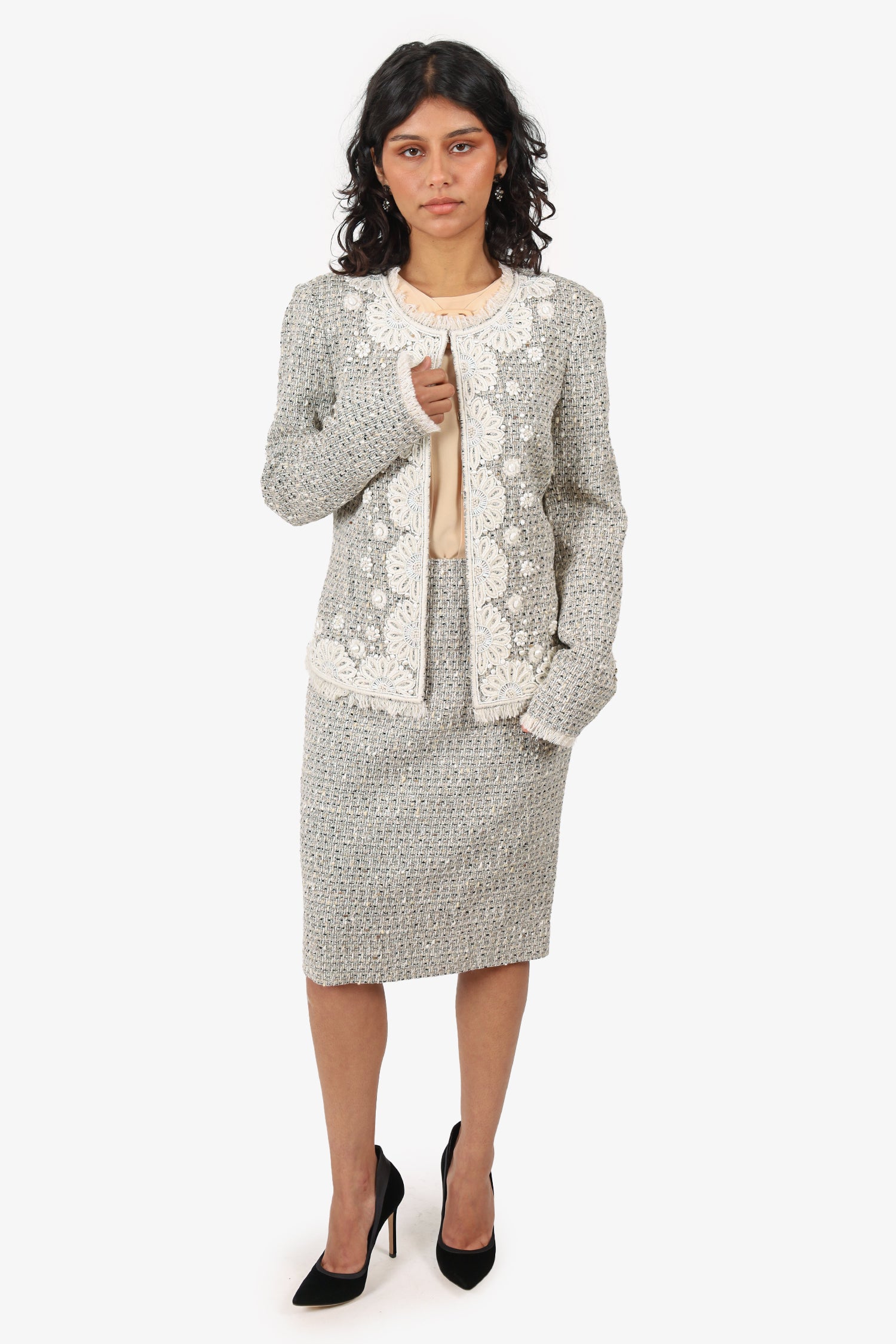 St. John White/Beige/Black Tweed Beaded Fringe Jacket With Midi Skirt ...