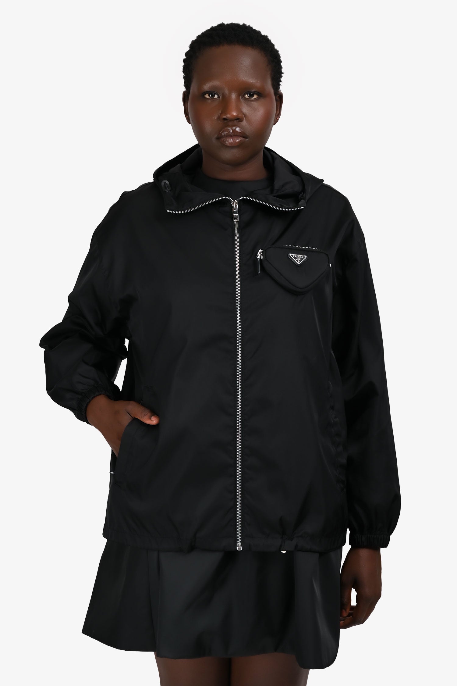 Prada 2021 Re-Nylon Triangle Pocket Detail Hooded Zip-Up Jacket Size 4 ...