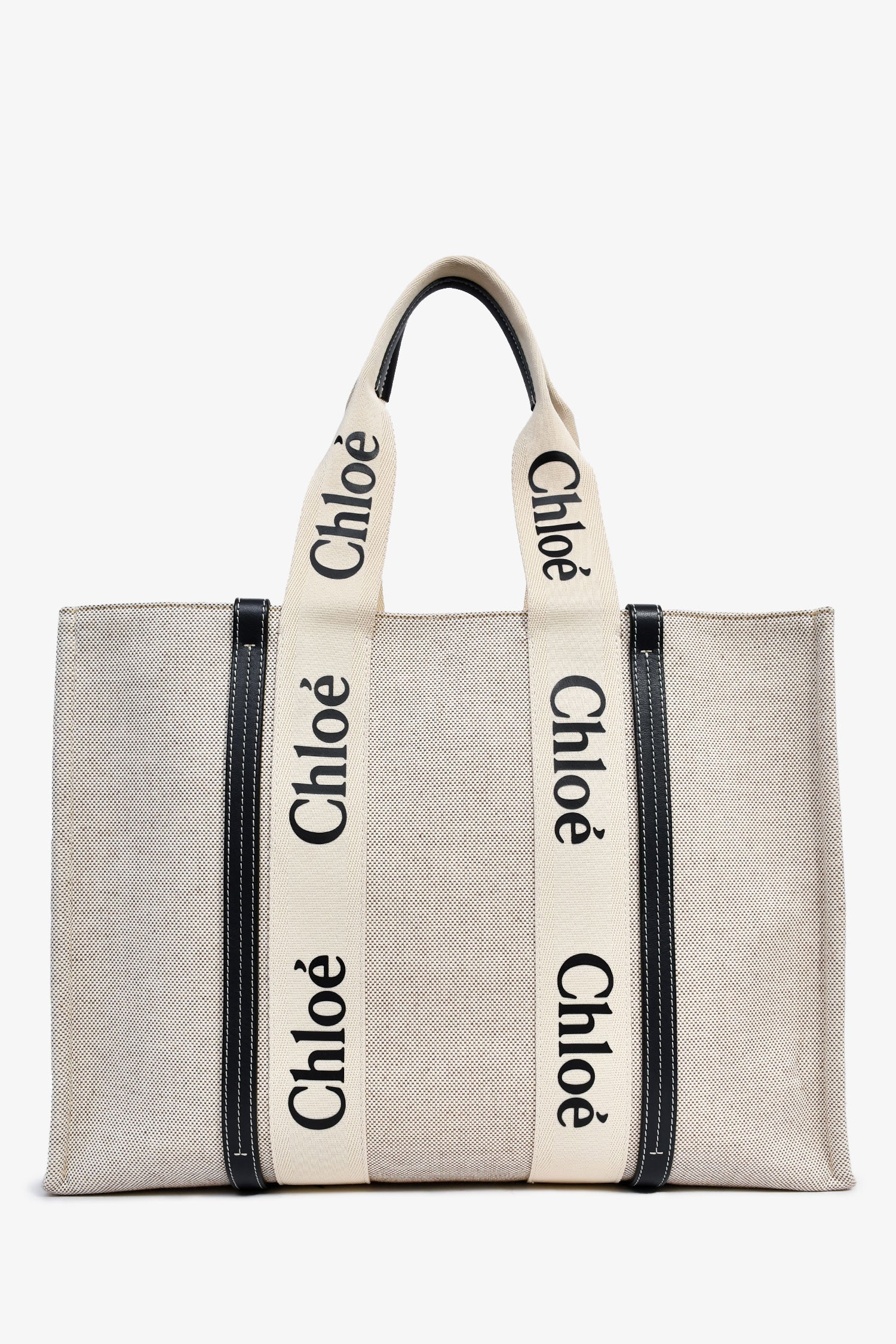 Chloe Beige Fabric Black Leather Trim Logo Woody Large Tote – Mine & Yours