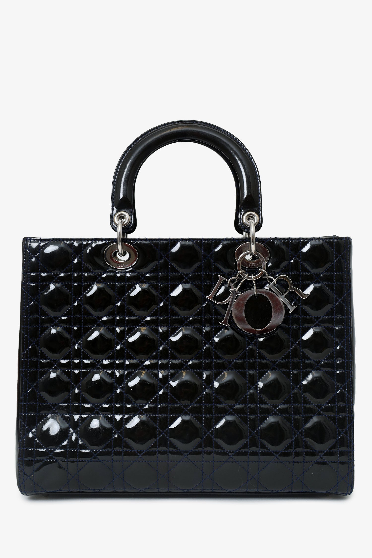 Christian Dior 2009 Black Patent Large Lady Dior Top Handle With Strap ...