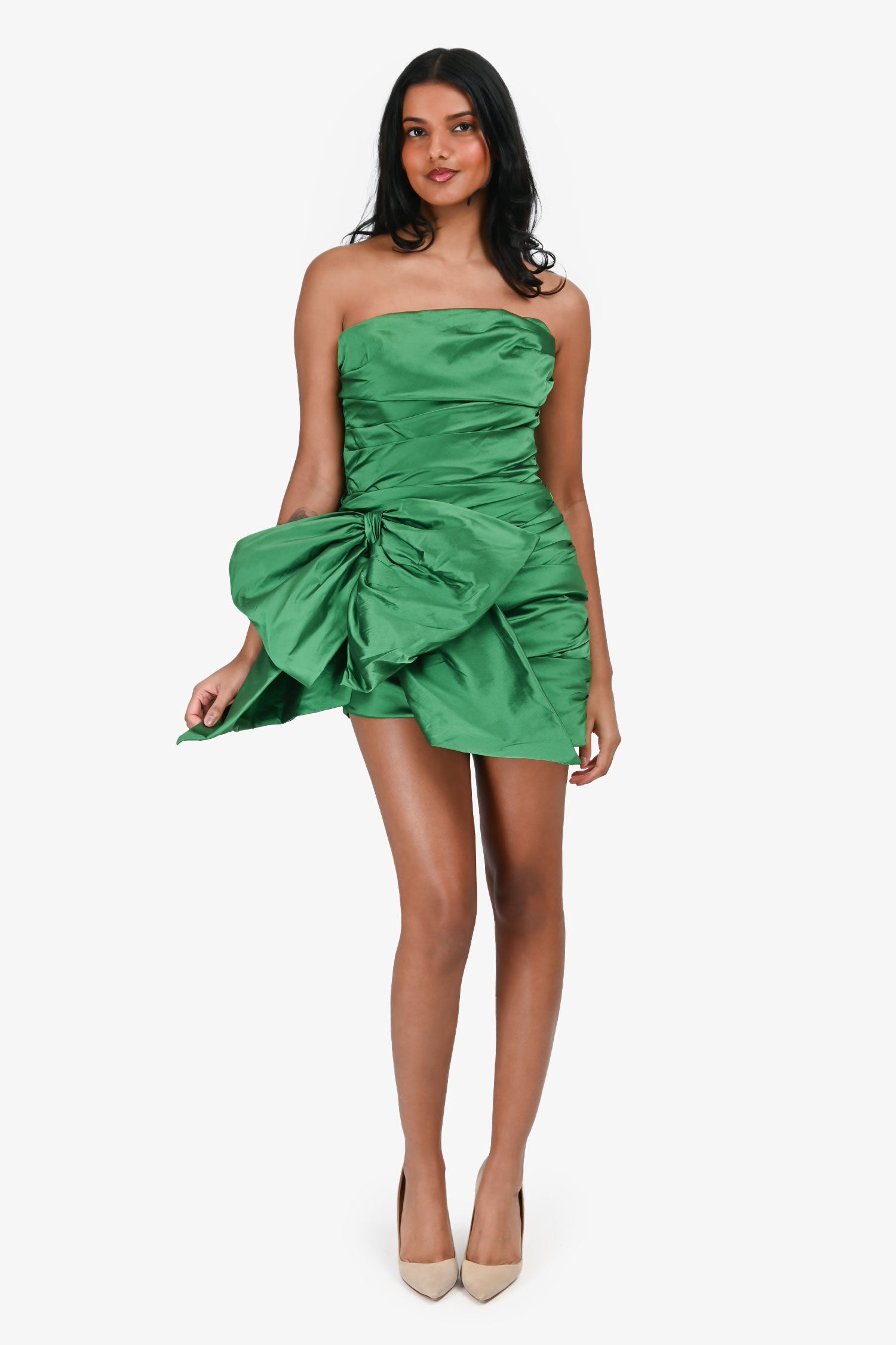 Nicole Bakti Green Ruched Bow Strapless Mini Dress Size S – Mine & Yours