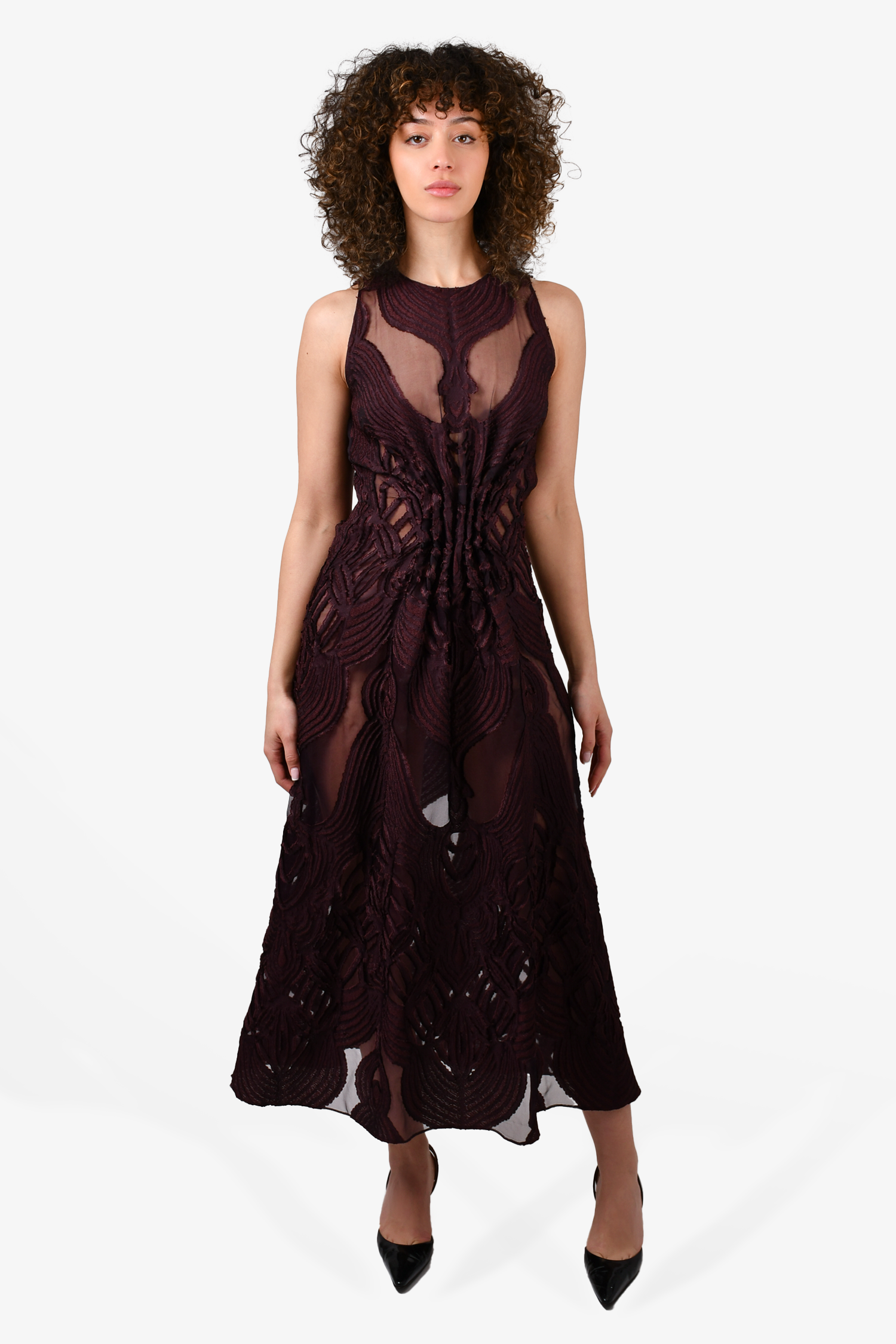 Max Mara Purple Sheer Floral Embroidered Sleeveless Maxi Dress Size 2 ...