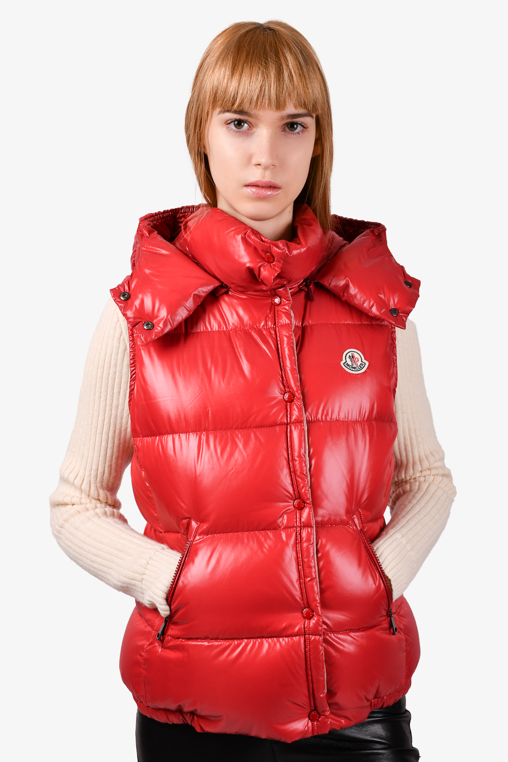 Moncler Red Quilted Down Vest with Hood Size 4 – Mine & Yours