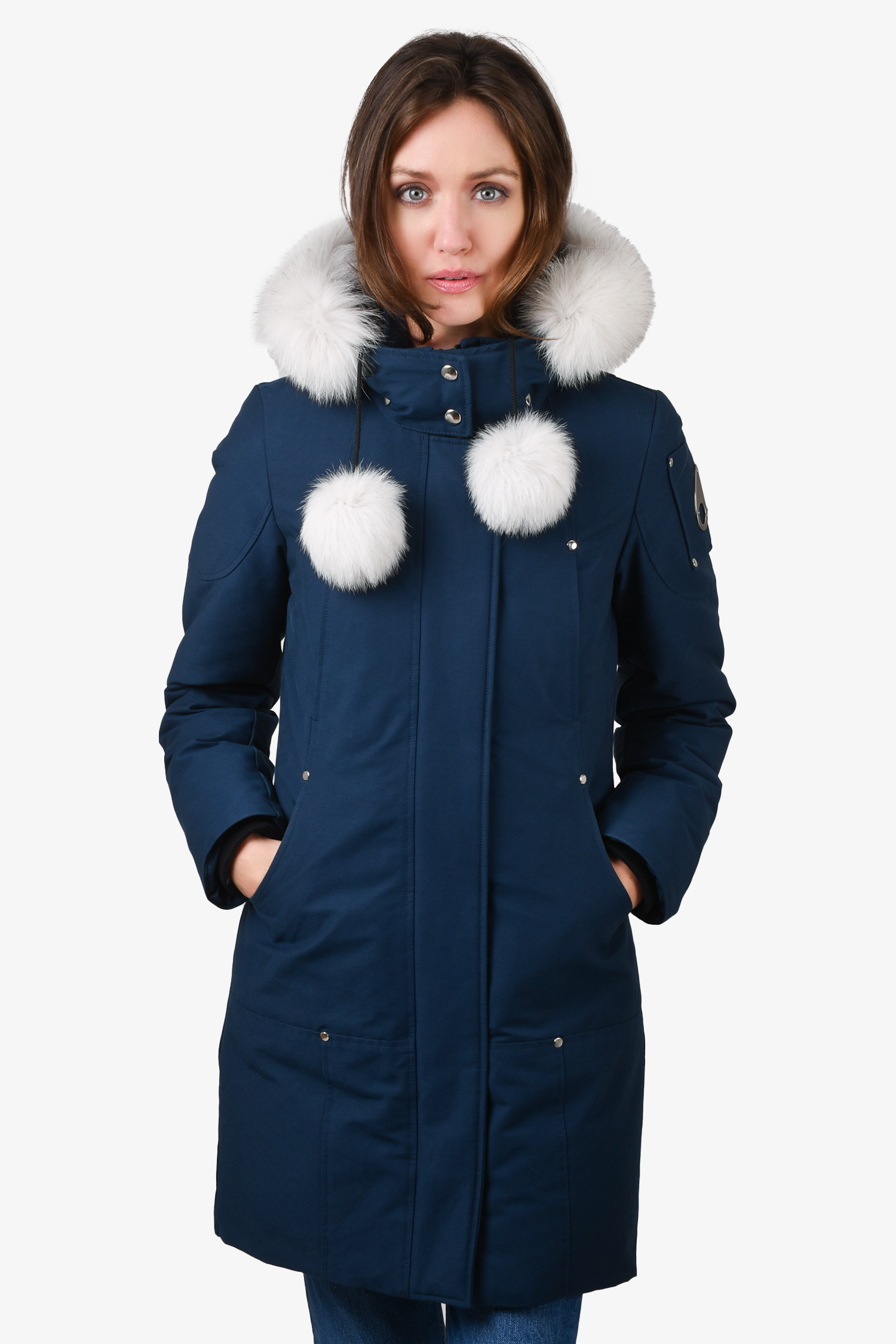 Moose Knuckles Blue Down Puffer with White Fur Hood Size S – Mine & Yours