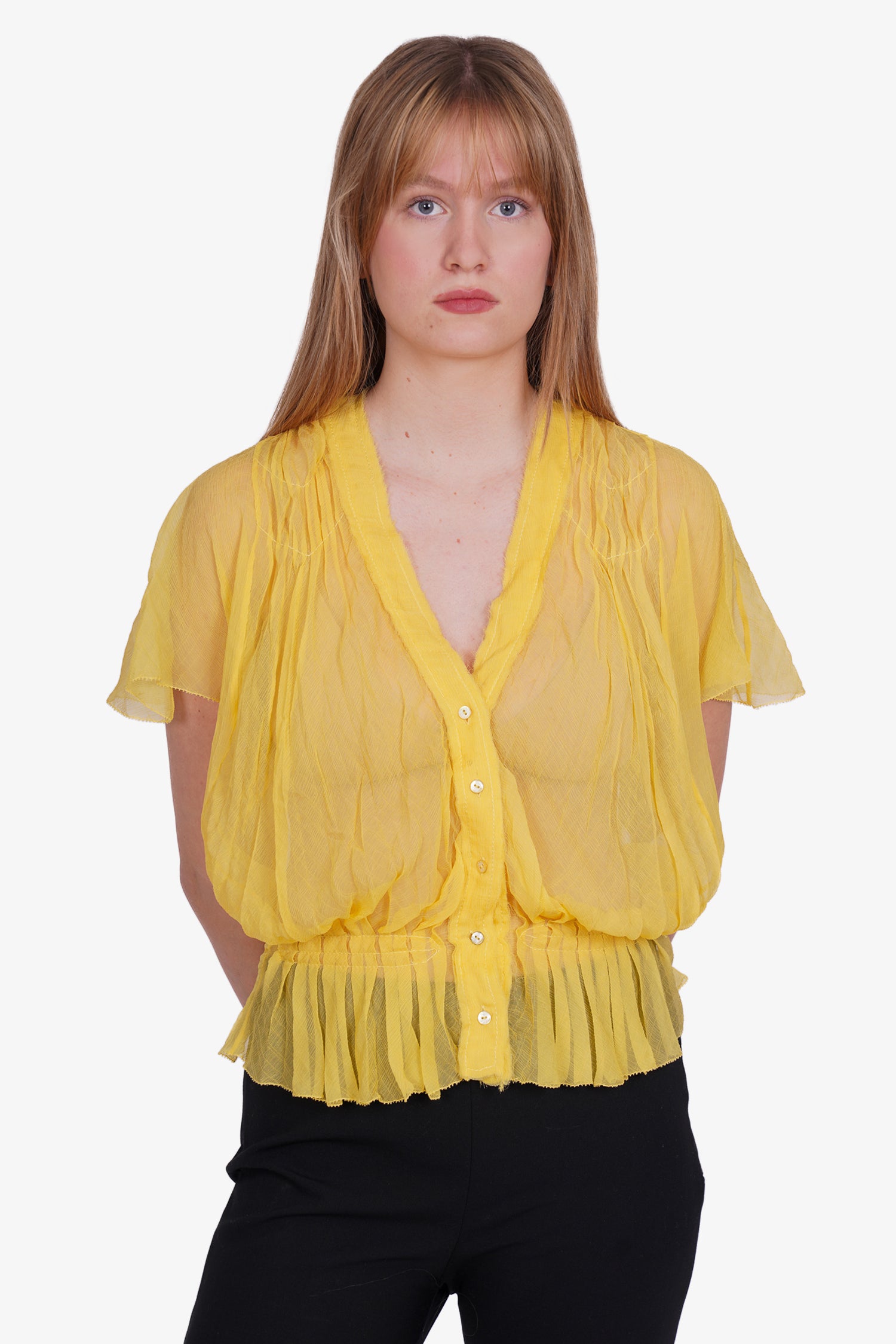 Nina Ricci Yellow Sheer Silk Raw Edge Top Size 36 – Mine & Yours