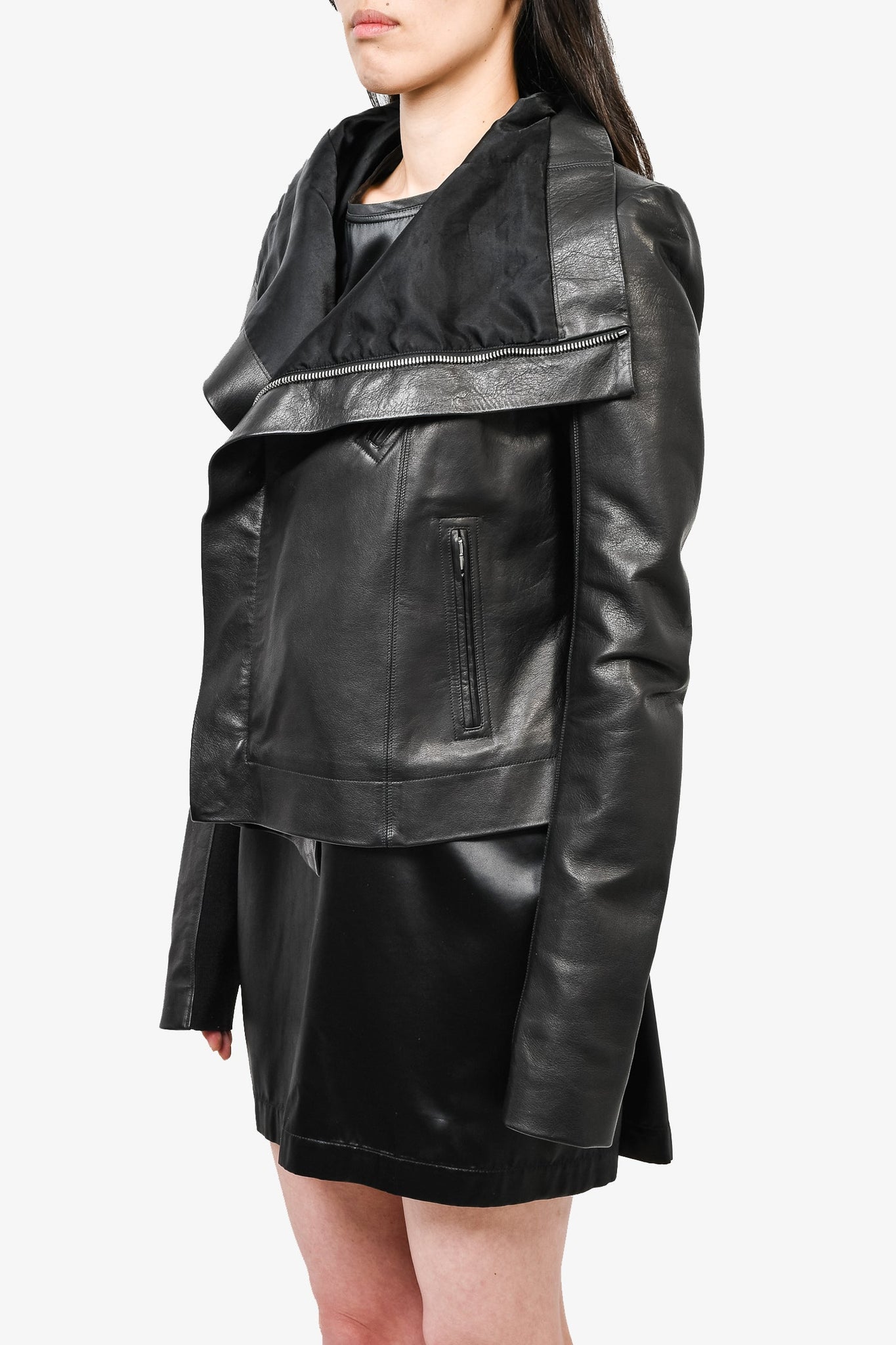 Rick Owens Black Leather Asymmetrical Jacket Size 12 Mine And Yours 2588