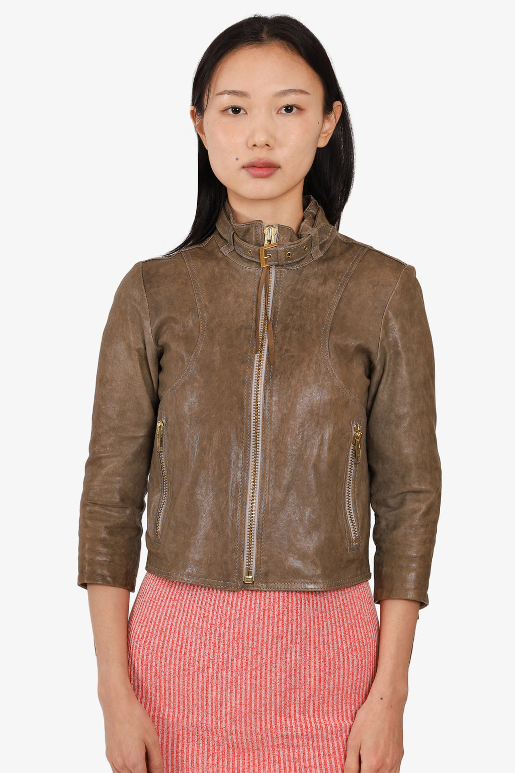 Smythe Taupe Leather Motorcycle Jacket with Neck Buckle Size 6 – Mine ...