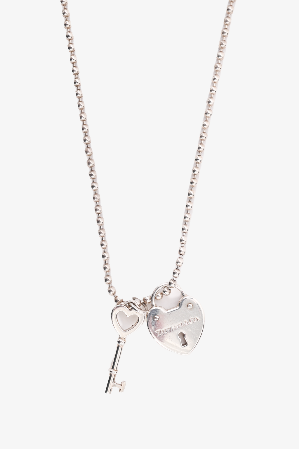 Tiffany & Co. Sterling Silver Heart Lock + Key Pendant Beaded Necklace ...