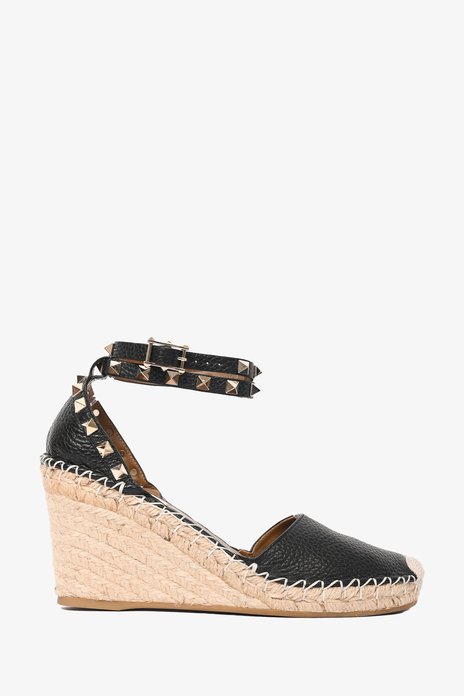 Valentino Black Leather Rockstud Espadrille Wedges Size 37 – Mine & Yours